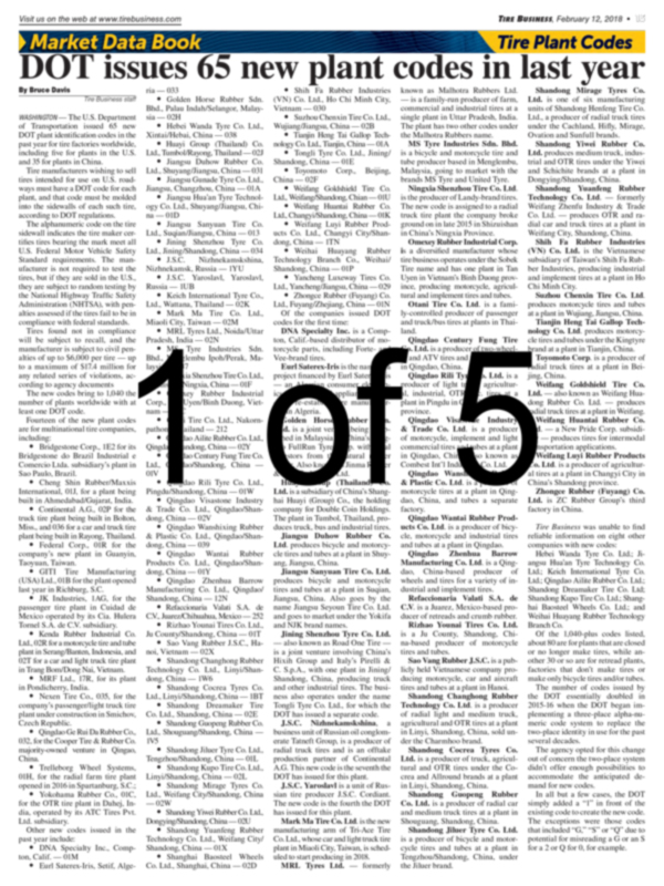 2018 List of Manufacturers' DOT Codes | Rubber News